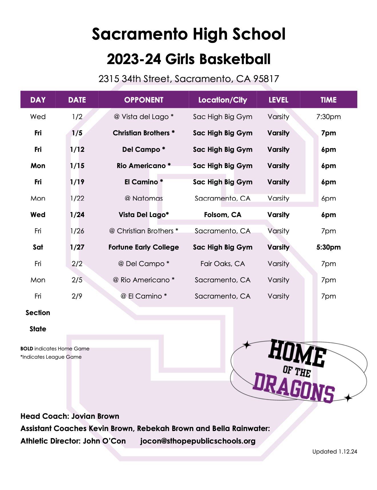 Athletic Schedules - St Hope SAC High