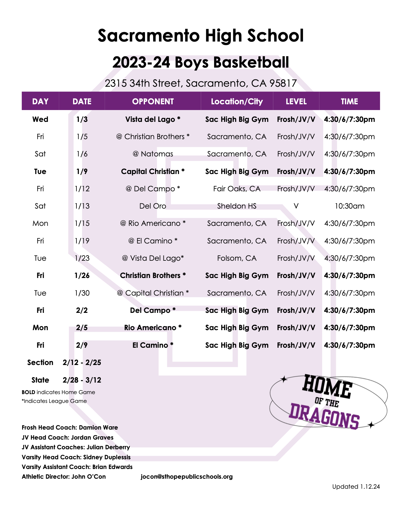 Athletic Schedules - St Hope SAC High